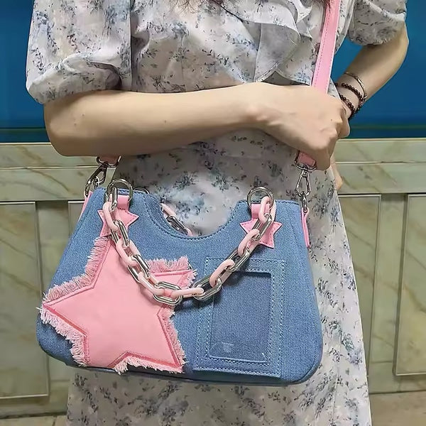 Y2K Star Denim Bag with Chain Strap – 2000s Star Denim Purse – AGCW