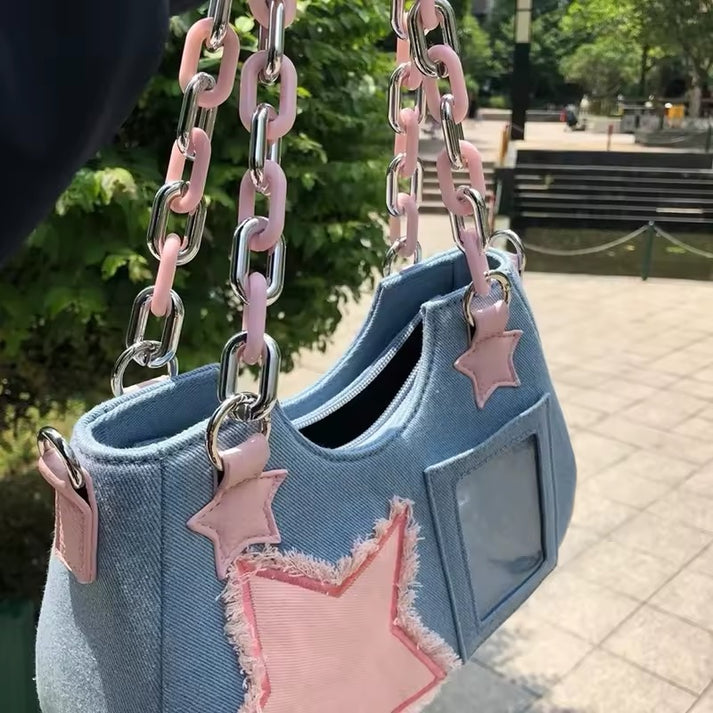 Y2K Star Denim Bag with Chain Strap – 2000s Star Denim Purse – AGCW